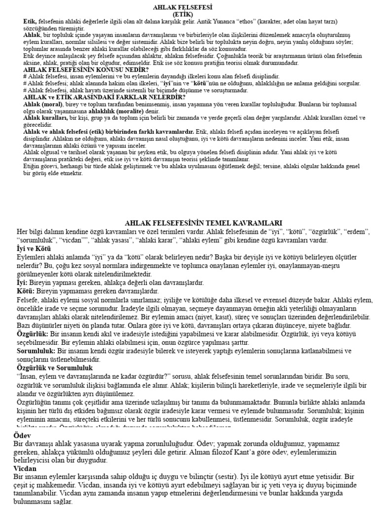 Sinif Felsefe 10. Ders Notlari Ahlak Felsefesi̇ | PDF