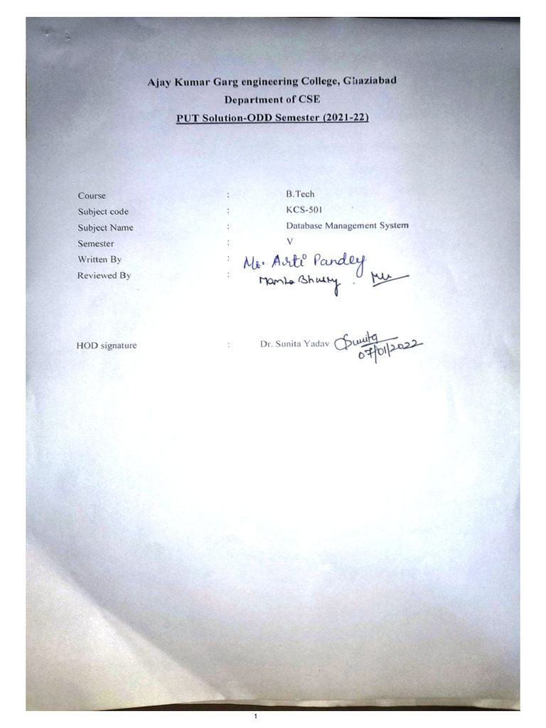 Database Management System Kcs 501 Put Sol Odd 21 22 Pdf 
