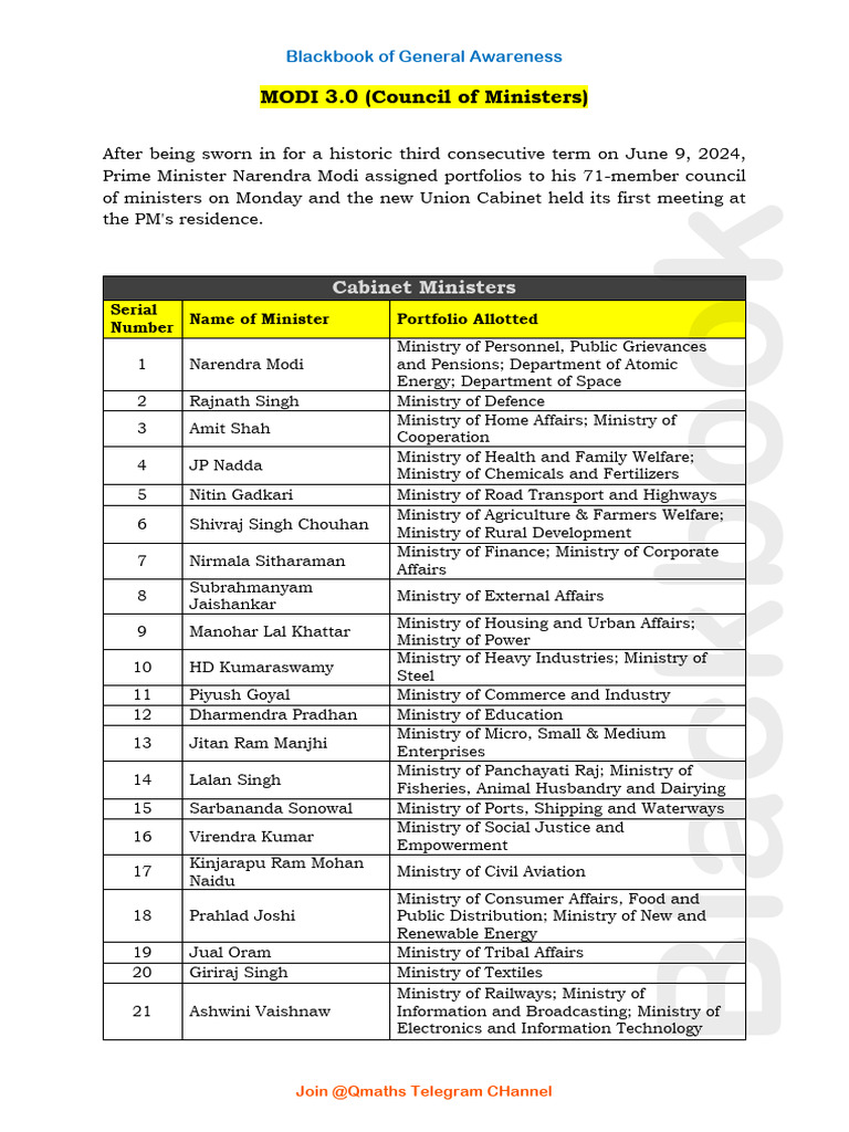 PM MODI 3.0 Council of Ministers (Portfolio) 10.06.2024 | PDF ...