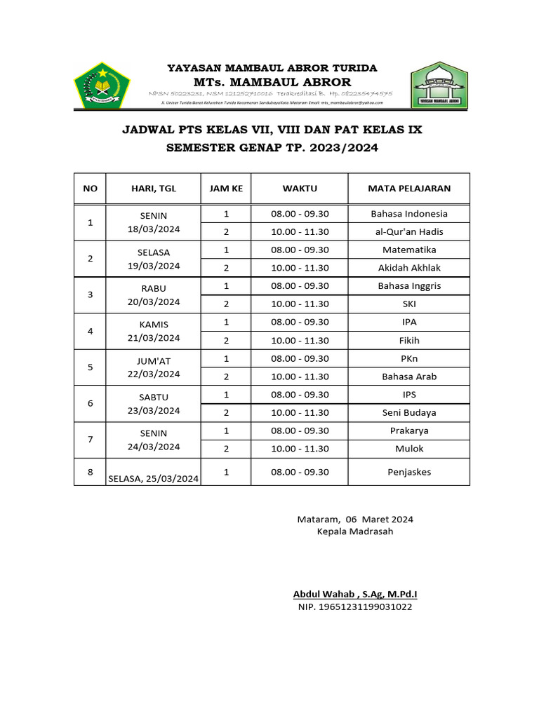 Jadwal PTS & Pat Genap 2024 | PDF