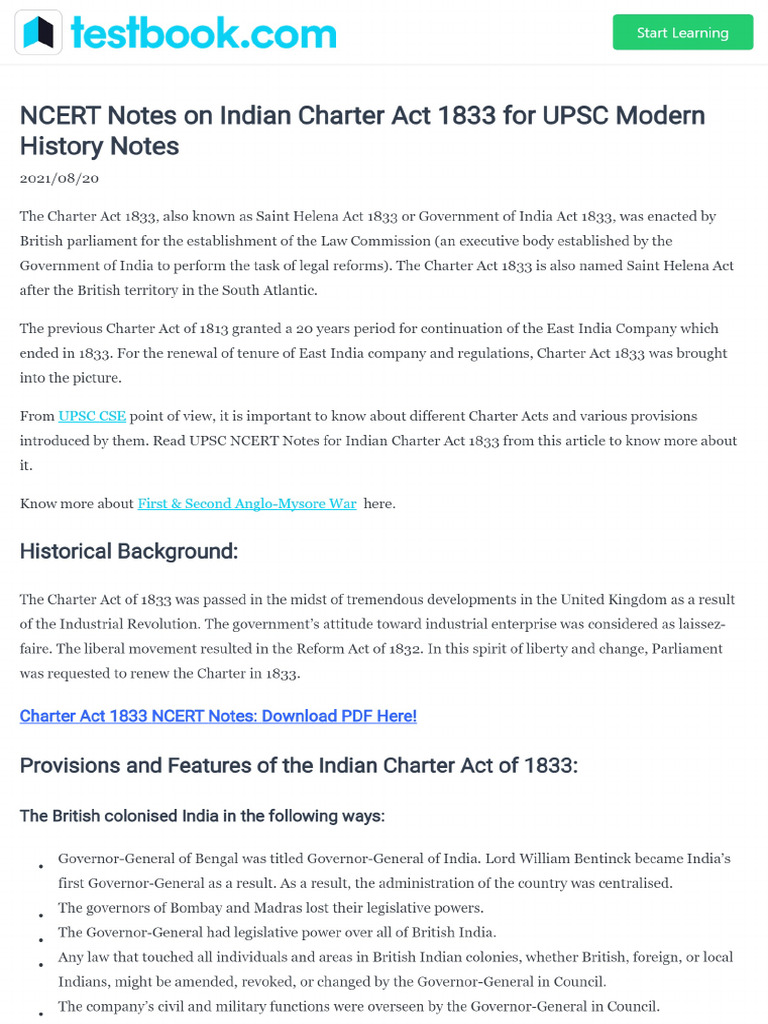 Ncert Notes Charter Act 1833 | PDF