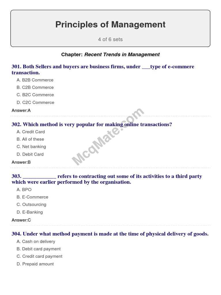 Principles of Management MCQs Guide | PDF | Outsourcing | Debit Card