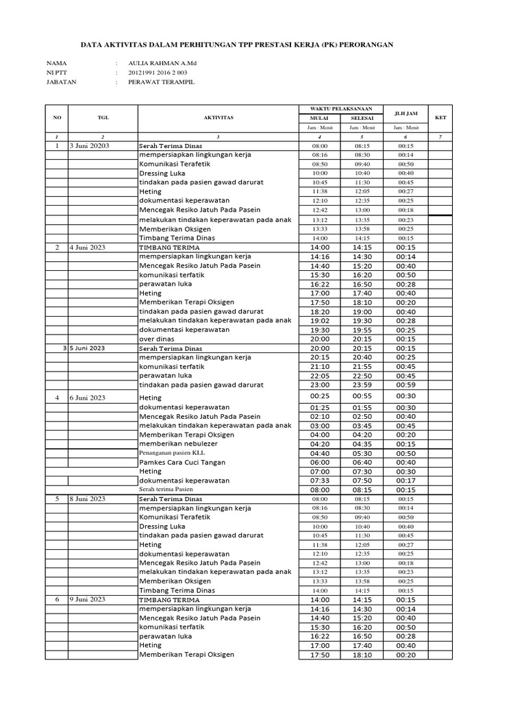 Tabel Aktivitas AULIA RAHMAN JUNI 2023 | PDF