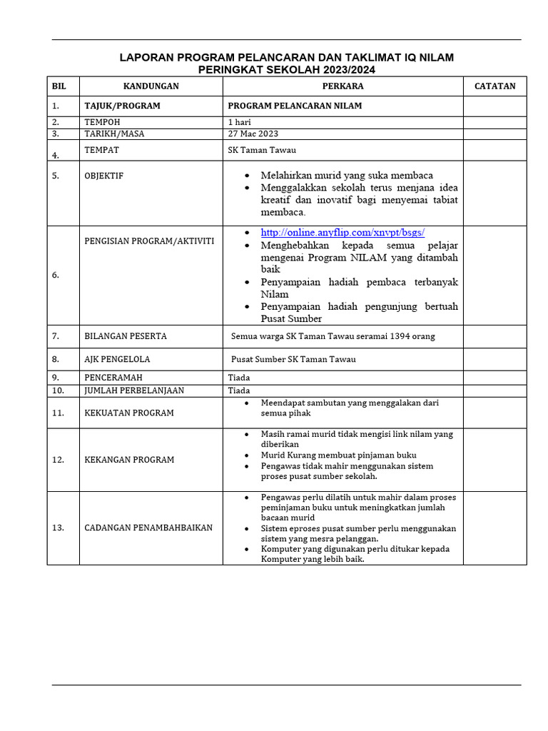 Pelancaran Program Nilam Sk Taman Tawau Pdf