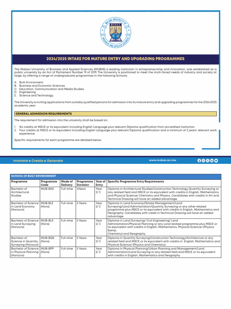 MUBAS 2024-2025 Mature and Upgrading Advert | PDF | Diploma | Bachelor ...
