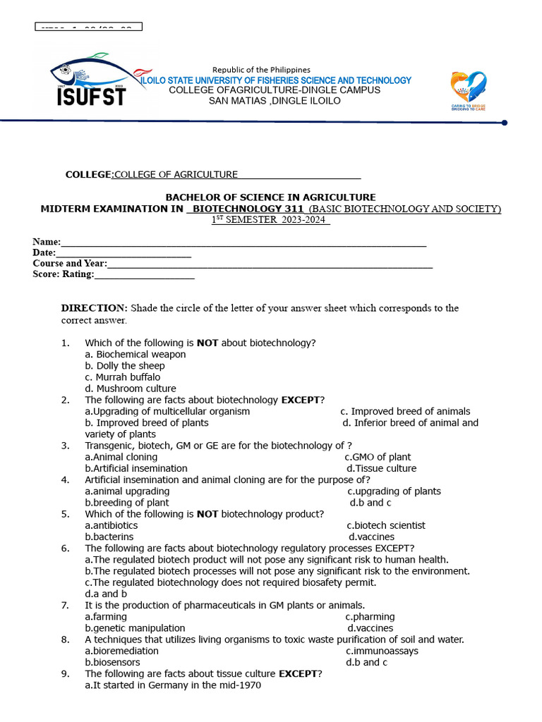 BIOTECH 311 Midterm Exam BASIC BIOTECHNOLOGY AND SOCIETY 2023 | PDF ...