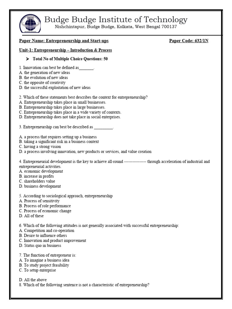 Unit1 - Introduction - Process - MCQ | PDF | Entrepreneurship | Venture Capital