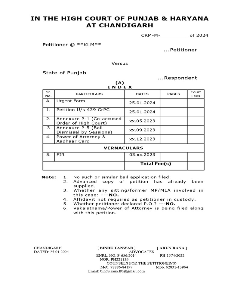 Sample Bail Application 439 CRPC - Allowed in PHHC | PDF | Bail ...