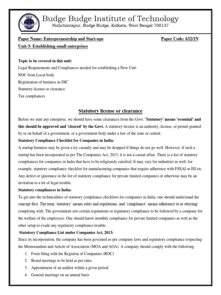 Unit3 - Establishing Small Enterprises - Statutory License or Clearance ...