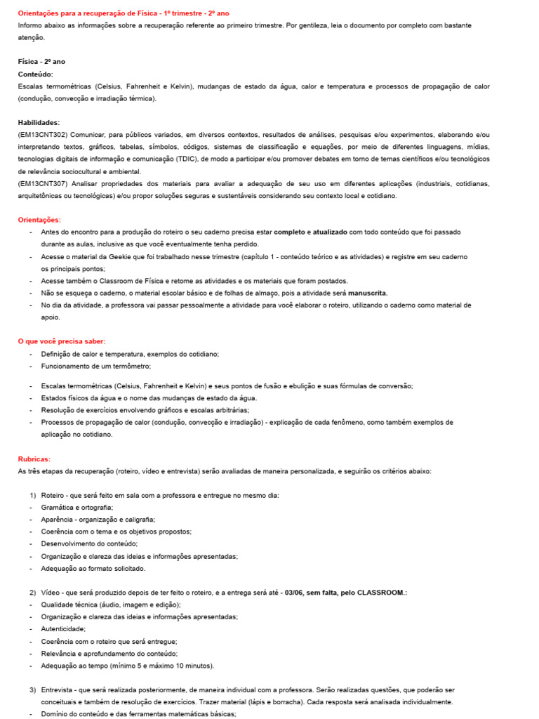 Orientações para A Recuperação de Física - 1º Trimestre - 2º Ano | PDF ...