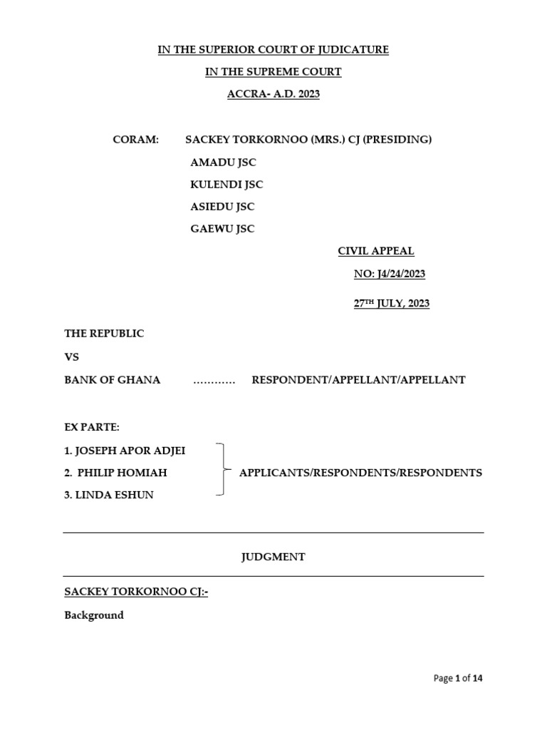 The Republic Vrs Bank of Ghana Ex Parte 1 Joseph Apor Adjei 2023 GHASC 95 (27 July 2023) | PDF ...