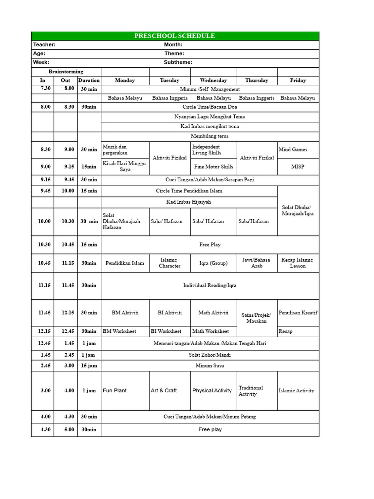Jadual Pembelajaran Tadika | PDF