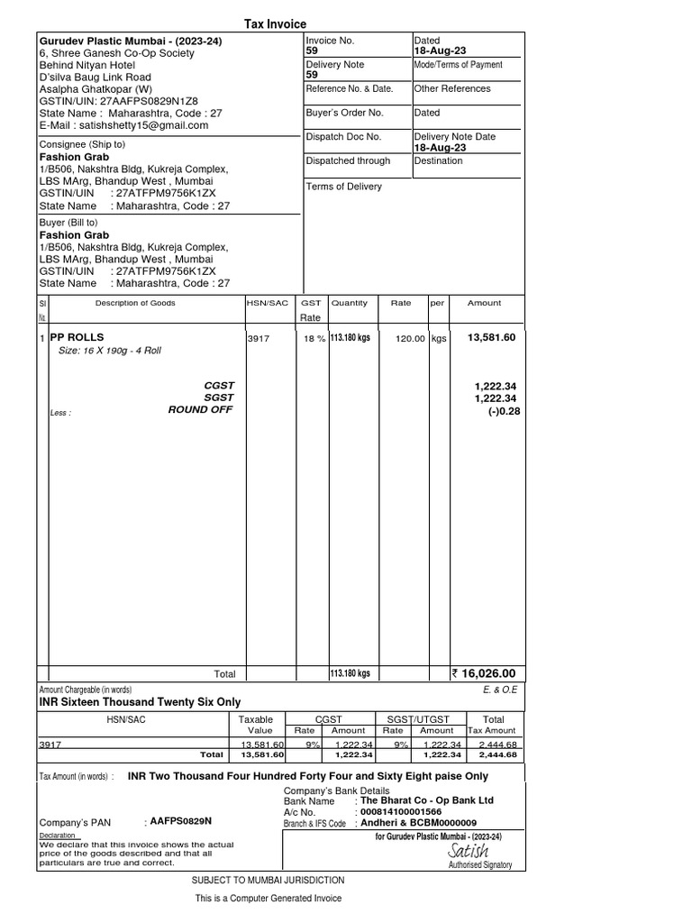 Tax Invoice: Gurudev Plastic Mumbai - (2023-24) 59 59 18-Aug-23 | PDF ...