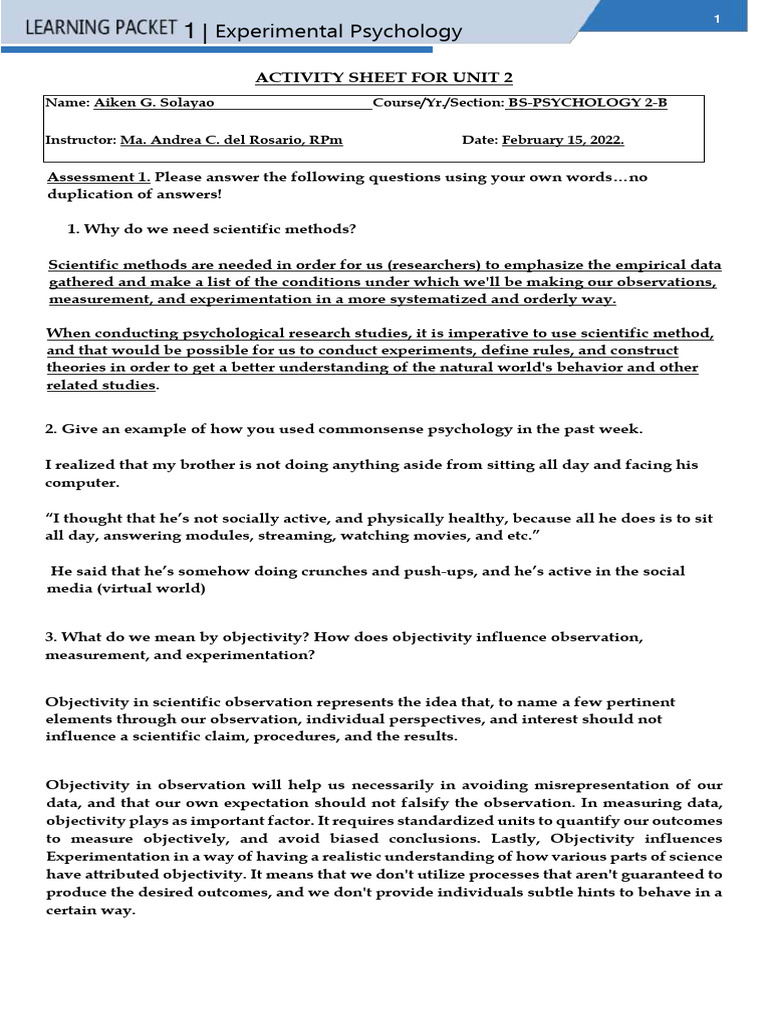 Unit-2 Assignment (Solayao, Aiken G) Bs-Psych 2b | PDF | Experiment | Observation