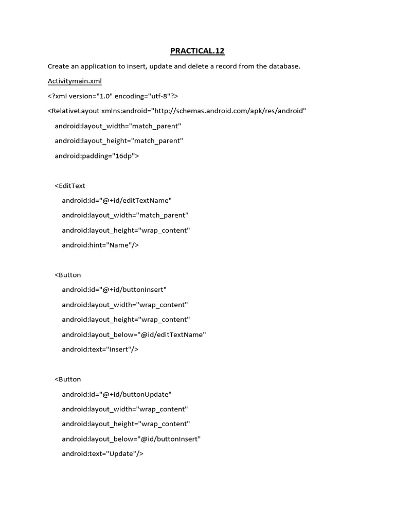 ANDROID PRACTICAL.12 | PDF | Android (Operating System) | Databases ANDROID PRACTICAL.12 | PDF | Android (Operating System) | Databases