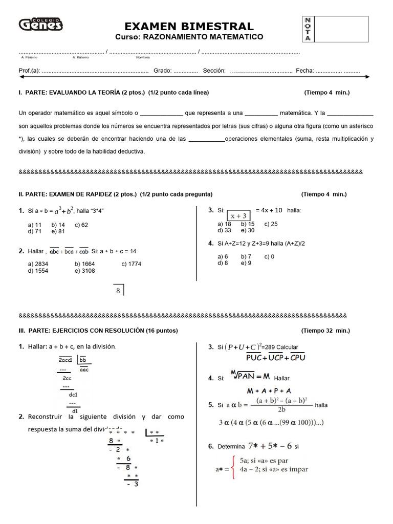 Examen Bimestral RM 4to | Descargar gratis PDF | Matemáticas