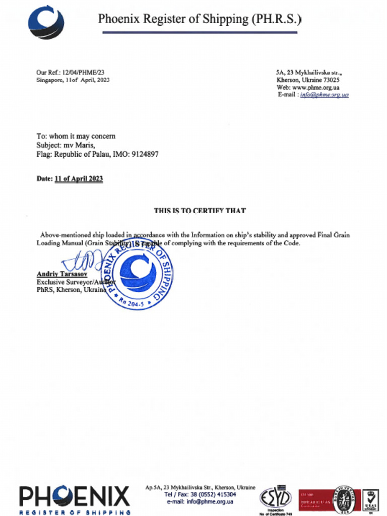 Approval Letter of Grain Loading Manual | PDF