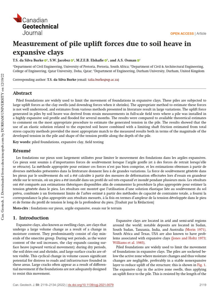 Measurement of Pile Uplift Forces Due To Soil Heave in Expansive Clays ...
