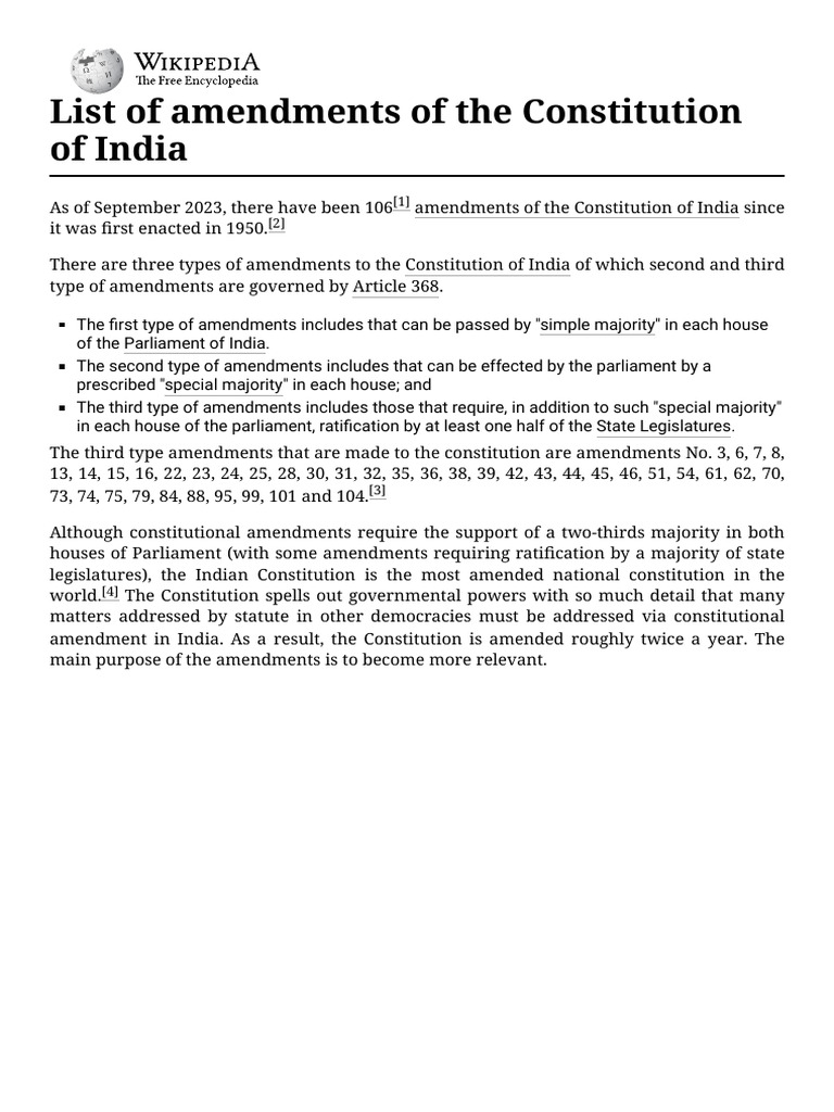 List of Amendments of The Constitution of India - Wikipedia | PDF | Constitutional Amendment ...