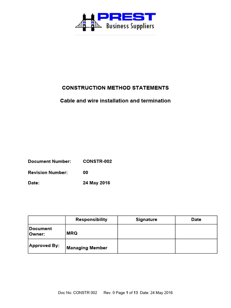 Constr-001 Method Statements Cable Installation and Termination | Download Free PDF | Electrical ...