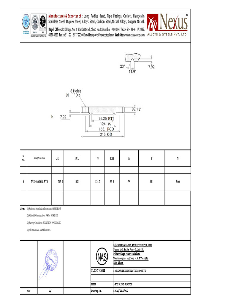 RTJ Blind Flange DATA SHEET | PDF