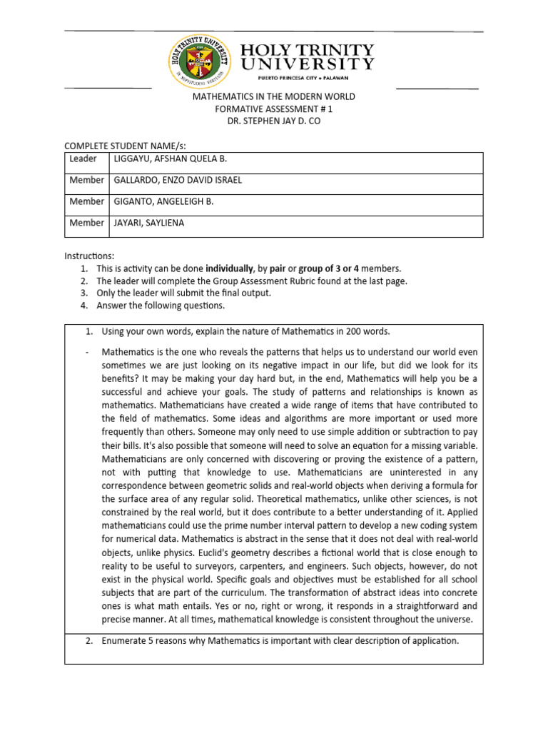 FA1 Nature of Mathematics | PDF | Mathematics | Thought