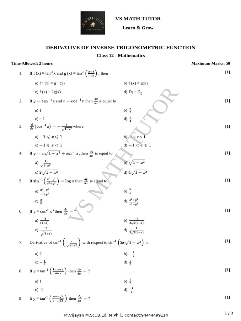 Derivative Of Inverse Trigonometric Function 1 Pdf Trigonometric