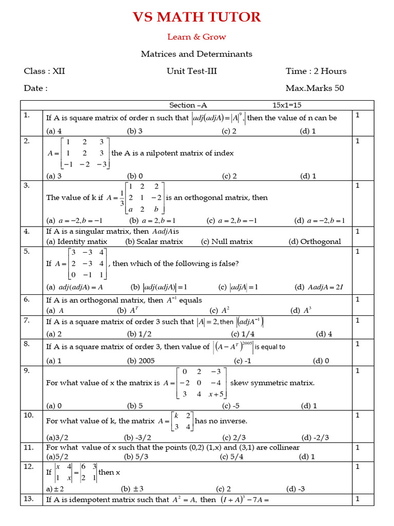 Matrices and Determinant Test-III | PDF | Matrix (Mathematics ...