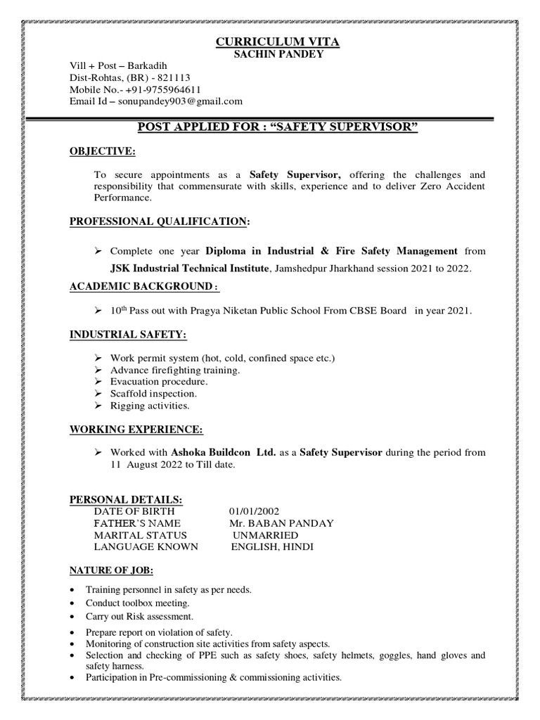Sachin Pandey Resume Pdf Safety Occupational Safety And Health 
