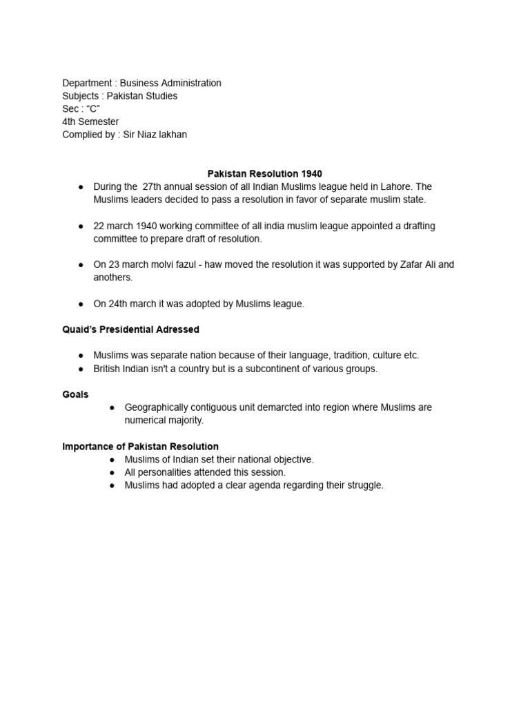 Pakistan Resolution 1940 | PDF