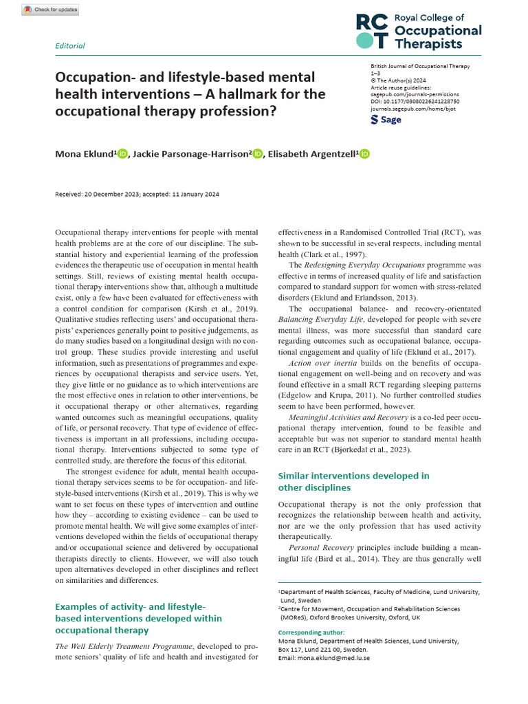 Eklund Et Al 2024 Occupation and Lifestyle Based Mental Health Interventions A Hallmark For The ...