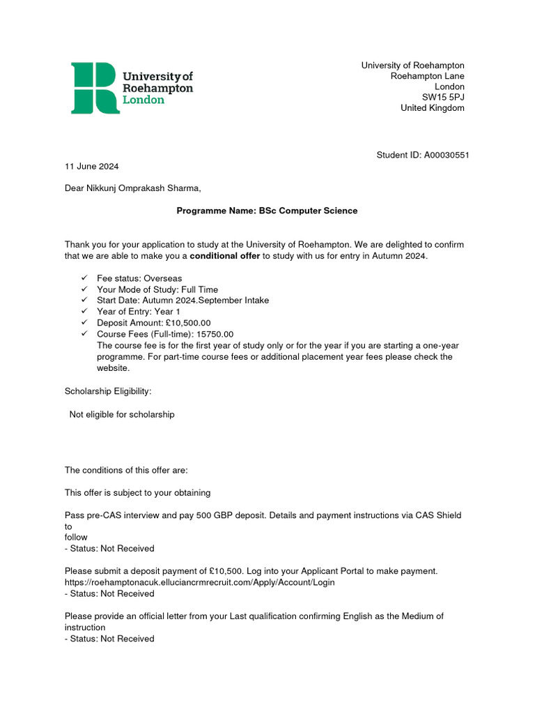 UoR Conditional Offer Letter Tuition Fee(52) | PDF