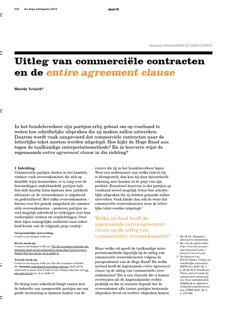 AA, Uitleg Van Commerciële Contracten en de Entire Agreement Clauuse ...