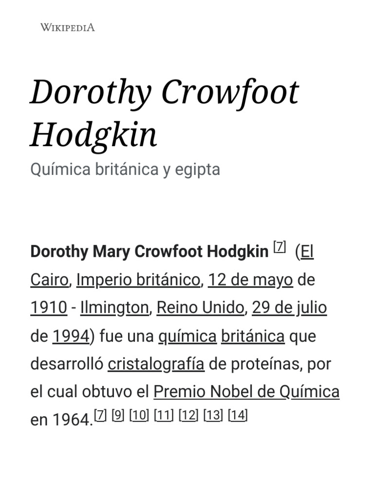 Dorothy Crowfoot Hodgkin - Wikipedia, La Enciclopedia Libre | PDF
