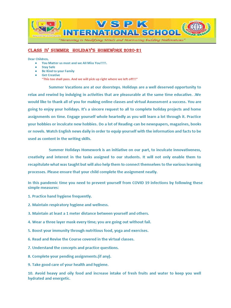 Holidays Homework Class 4 | PDF | Foods | Paper