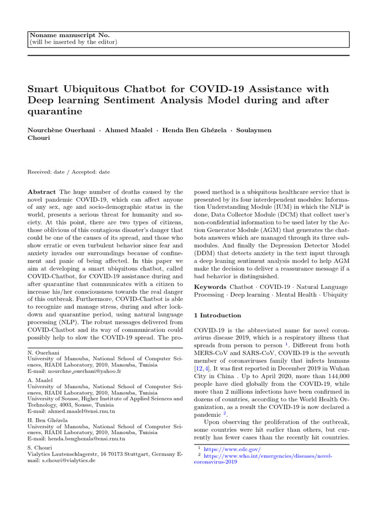 Smart Ubiquitous Chatbot for COVID-19 Assistance with Deep learning Sentiment Analysis Model ...