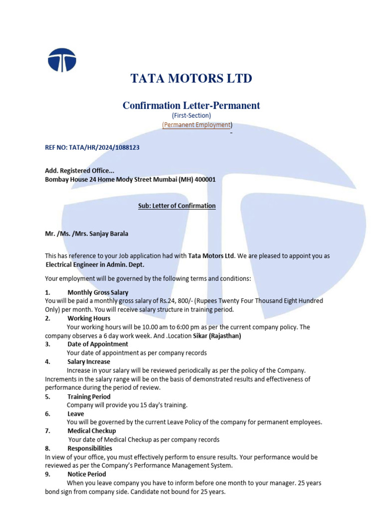 Tata Motors Confirmation Letter Mr. Sanjay Barala | PDF