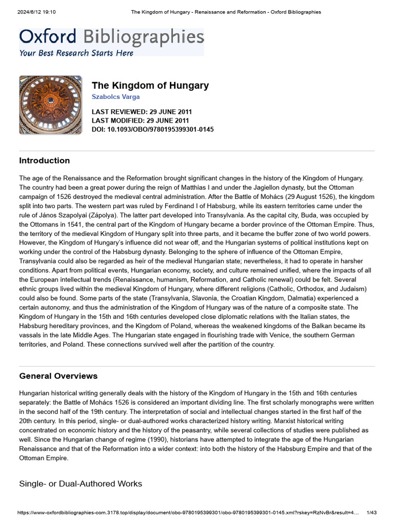 The Kingdom of Hungary - Renaissance and Reformation - Oxford ...