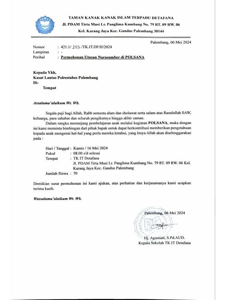 Surat Permohonan POLSANA (TK IT Detafana) | PDF