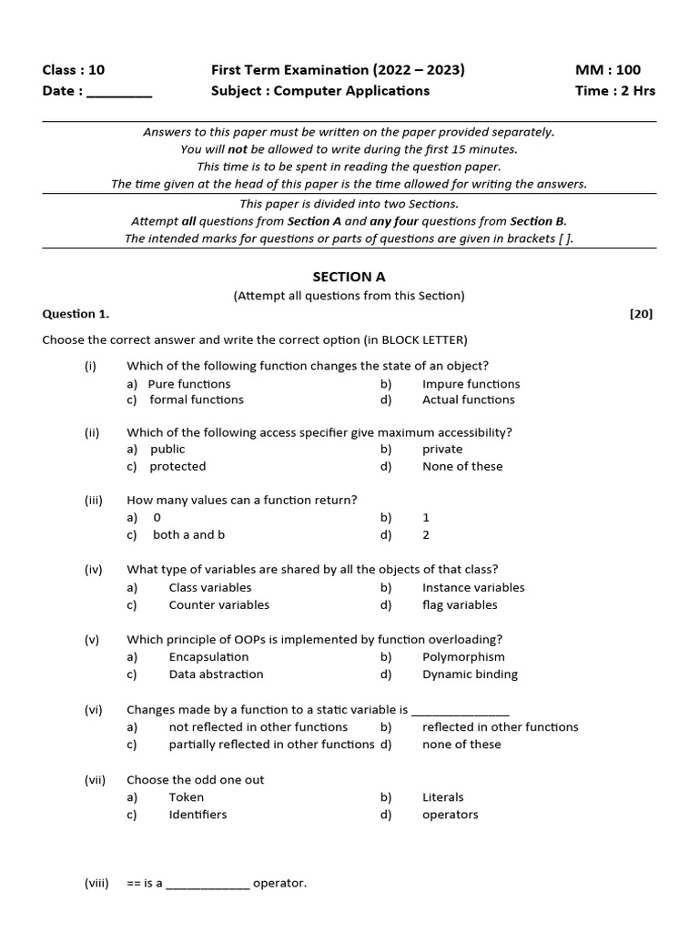 Icse Sample Paper 1 For Computer Applications Pdf Variable Computer Science Class