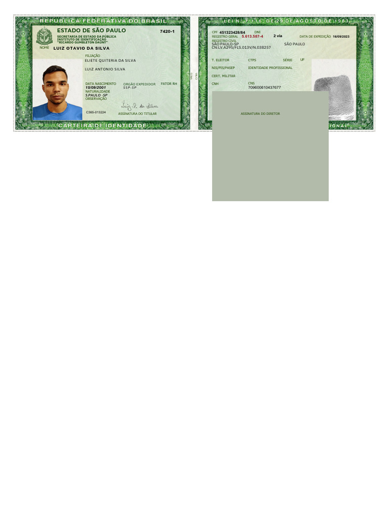 RG SP Novo - Luiz Otavio Da Silva | PDF | Documento | Cidadania