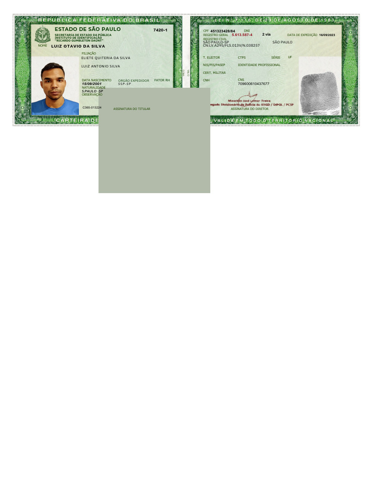 RG SP Novo - Luiz Otavio Da Silva | PDF | Documento | Cidadania