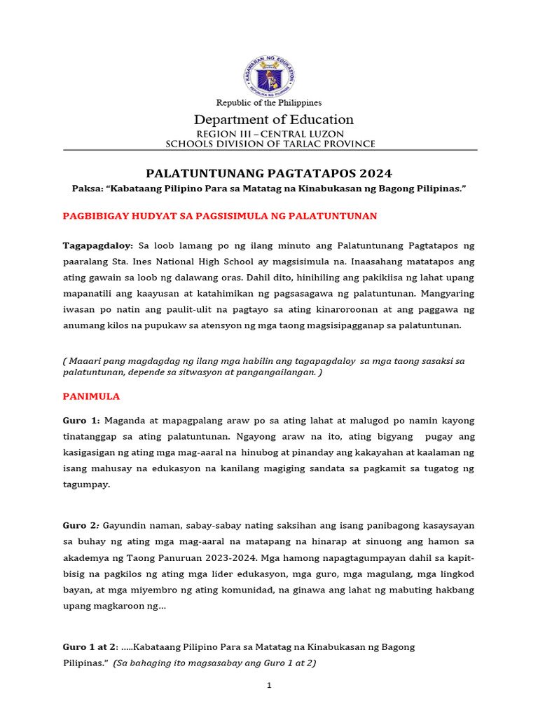 Iskrip Sa Palatuntunang Pagtatapos 2023 Pinal Na Sipi Pdf
