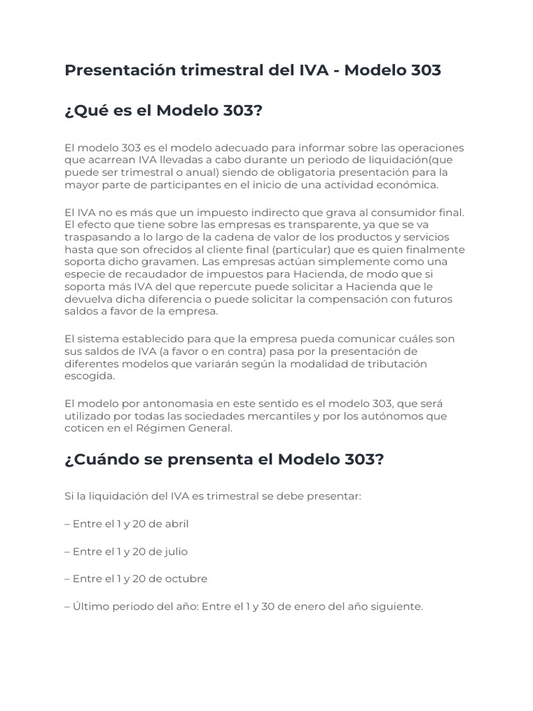 Presentación Trimestral Del IVA - Modelo 303 | PDF | Impuestos ...