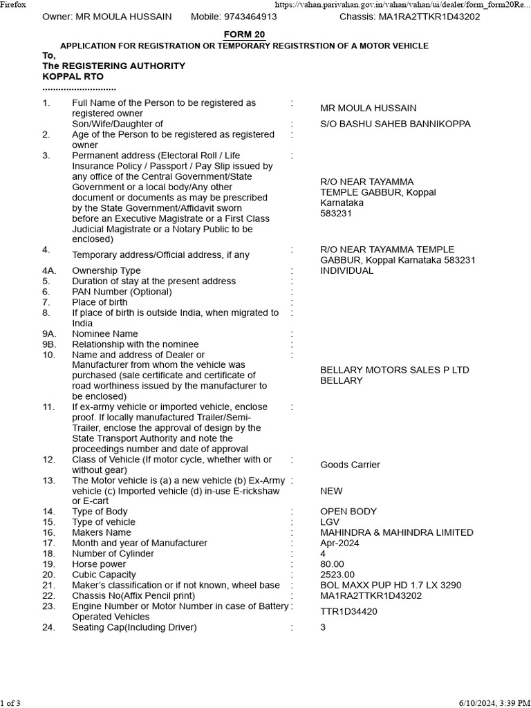 Karnataka RTO Form 20 Registration Sample | PDF | Semi Trailer Truck ...