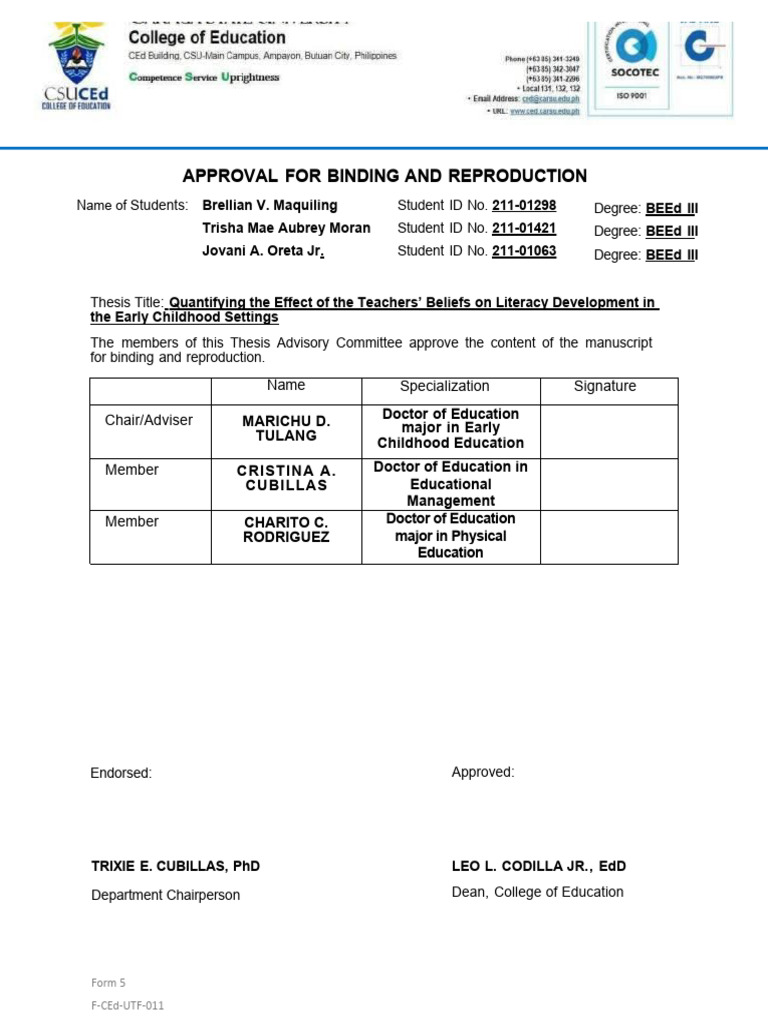 Thesis Approval: BEEd Students | PDF