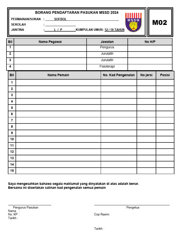 PENDAFTARAN-M02 MSSD SOFBOL 2024 | PDF