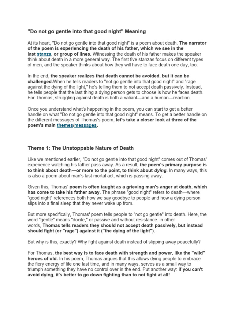 Analysis - Do Not Go Gentle Into That Good Night | PDF