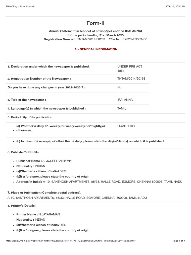 RNI Efiling - Print Form-II | PDF | Newspapers | Stocks