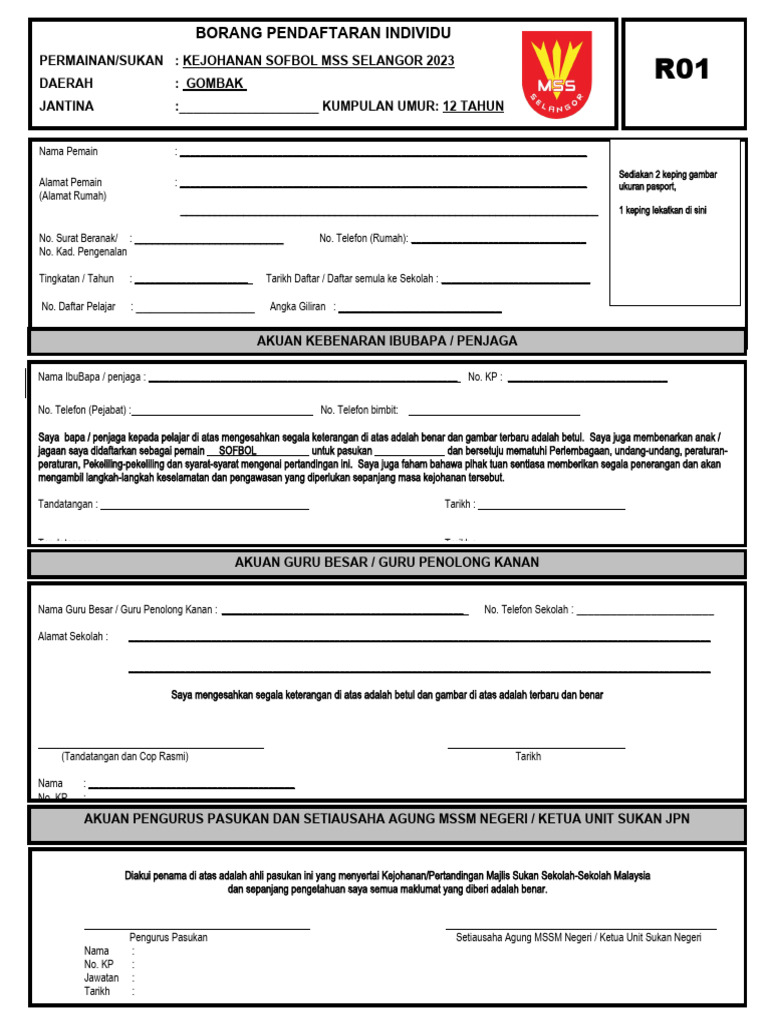 Borang R01 Sofbol MSS SELANGOR 2023 | PDF